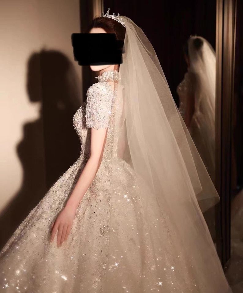 Luxury Bling Bling Wedding Dress Short Sleeve Wedding Gown Princess ...