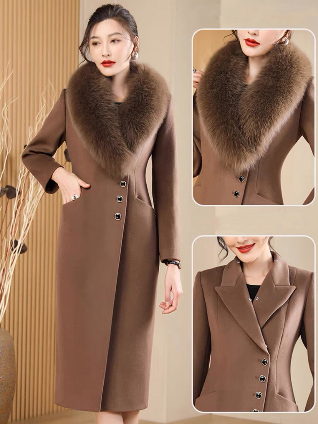 Removable Real Fox Fur Collar Thick Cashmere Wool Coat for Women, 4 Colours Available - Etsy