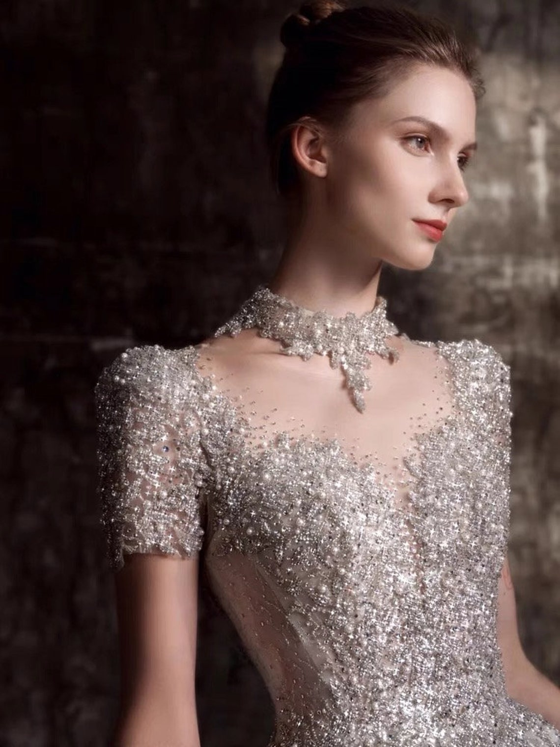 Luxury Bling Bling Wedding Dress Short Sleeve Wedding Gown Princess ...