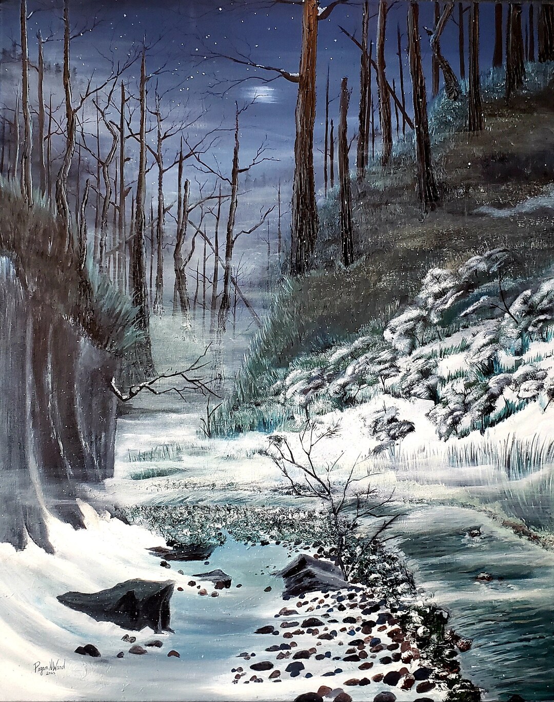 Winter Creek Nightscape Painting Oil on Canvas Night Tree Forest Modern ...
