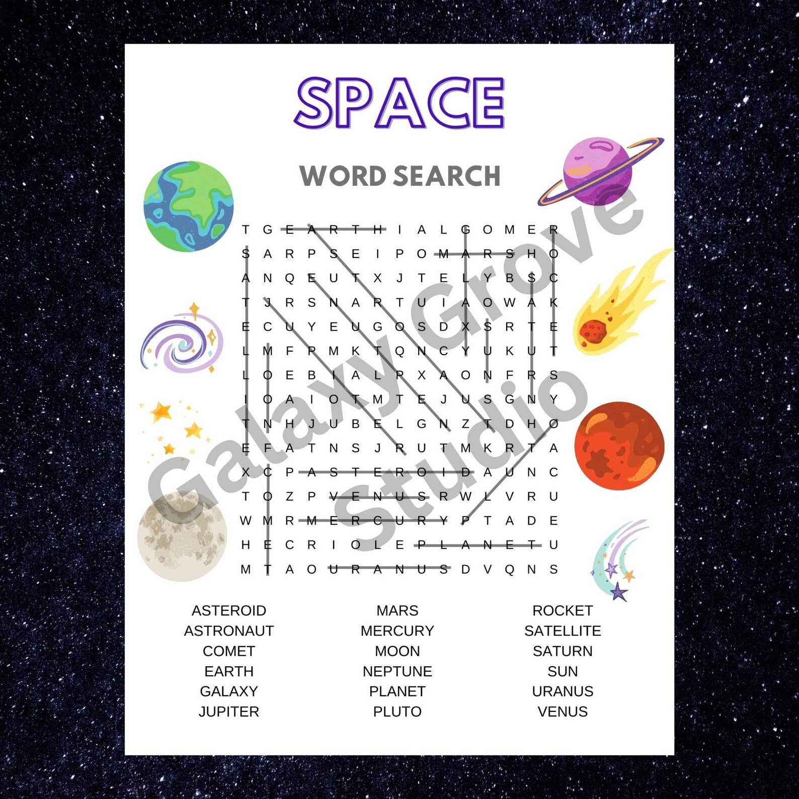 Outer Space Word Search Puzzle Game for Kids -digital Printable Planet ...