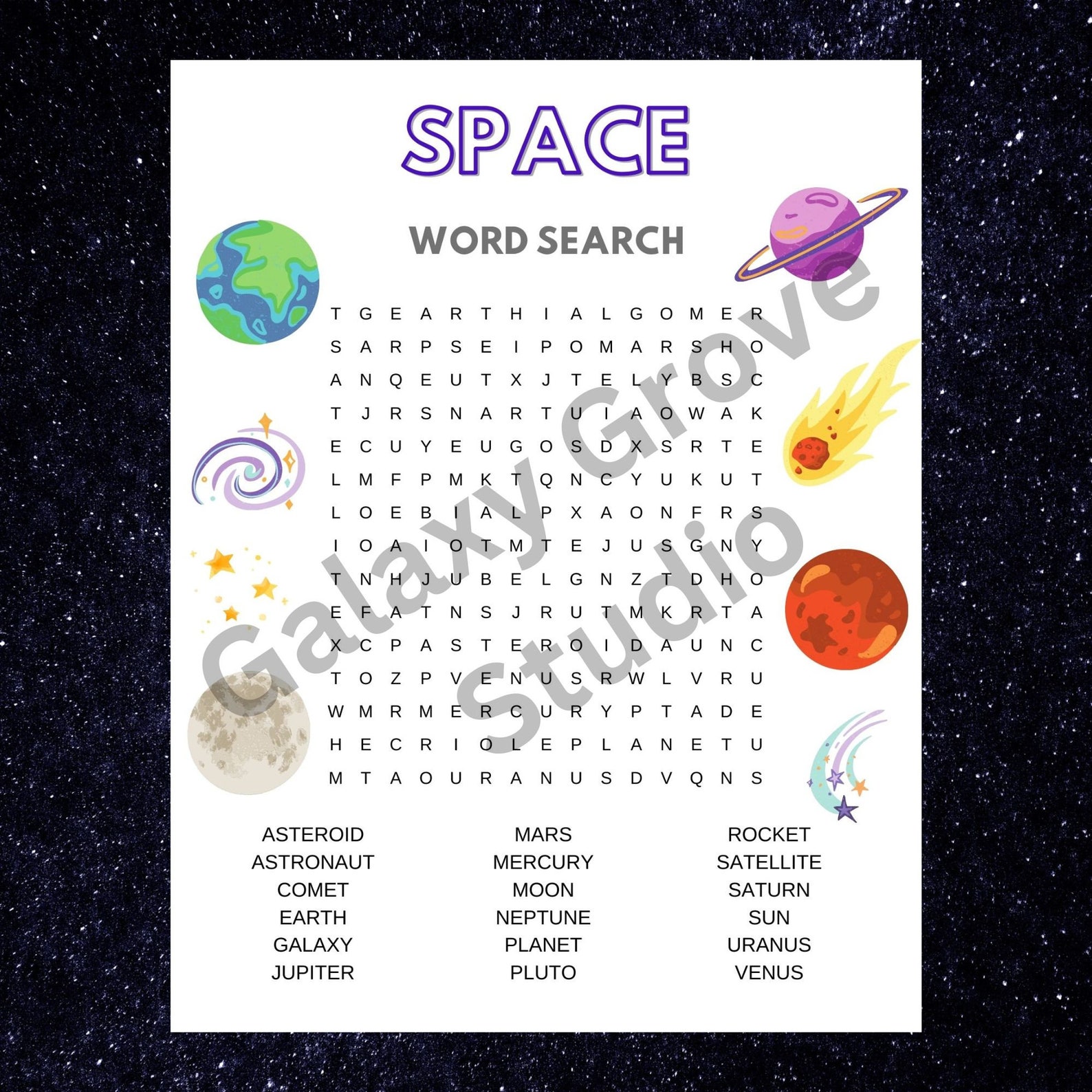 Outer Space Word Search Puzzle Game for Kids -digital Printable Planet ...