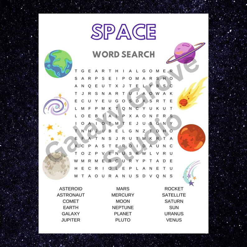Outer Space Word Search Puzzle Game for Kids -digital Printable Planet ...