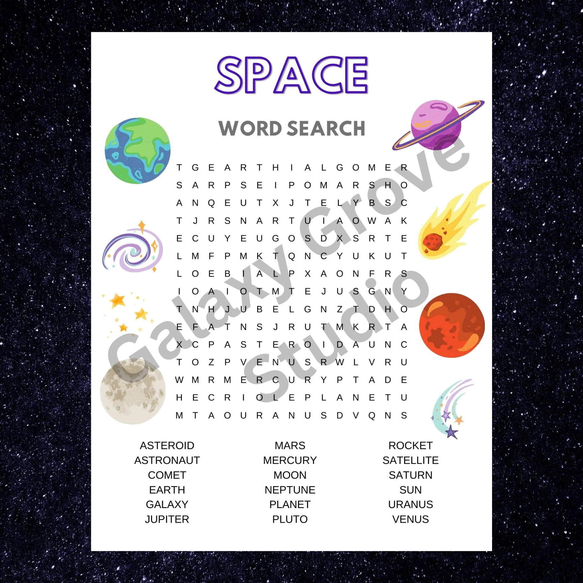 Outer Space Word Search Puzzle Game for Kids -digital Printable Planet ...