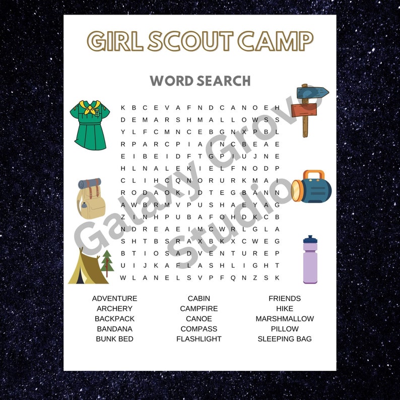 Girl Scout Camp Word Search Puzzle Game for Kids - Digital Printable ...