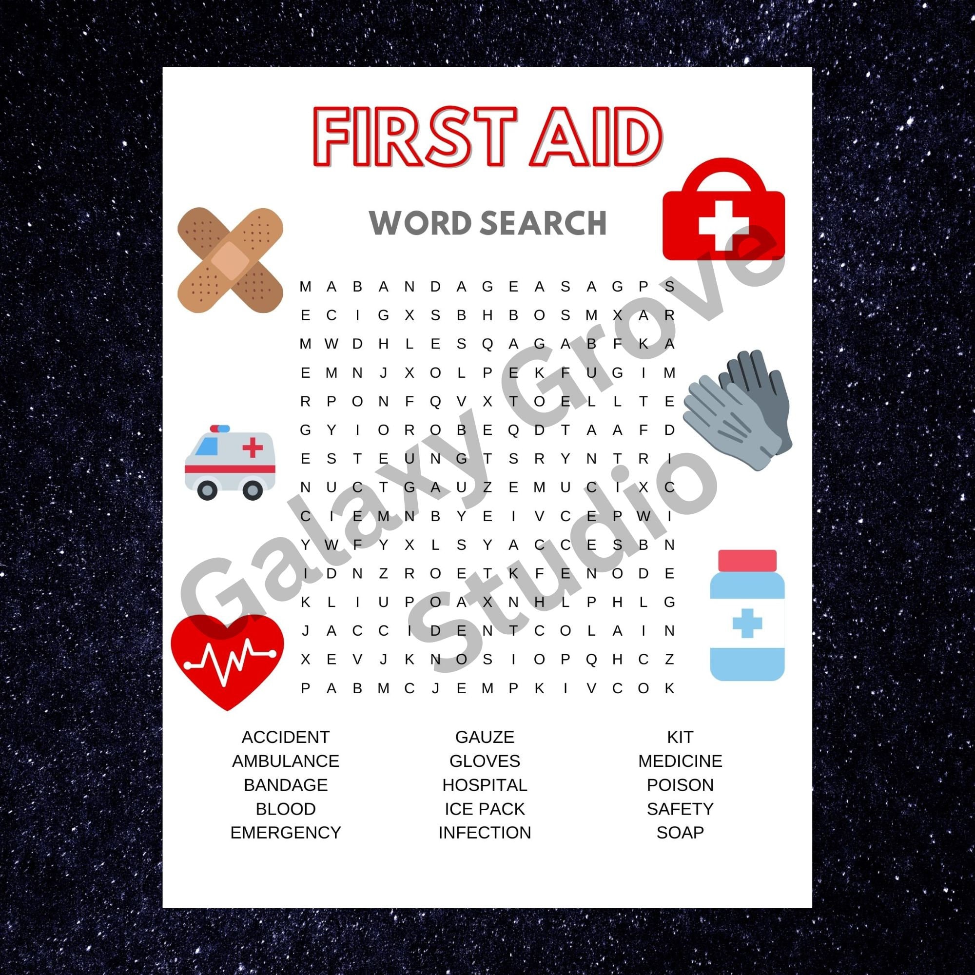 First Aid Word Search Puzzle Game for Kids - Worksheet Activity ...