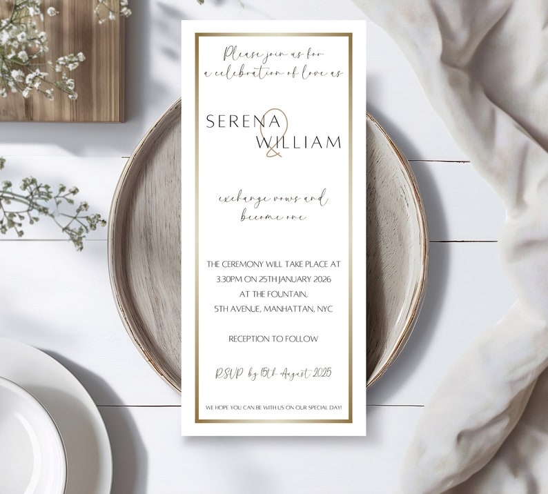 TALL Wedding Invitation Template 4x9", Stylish, Elegant Gold Luxury ...