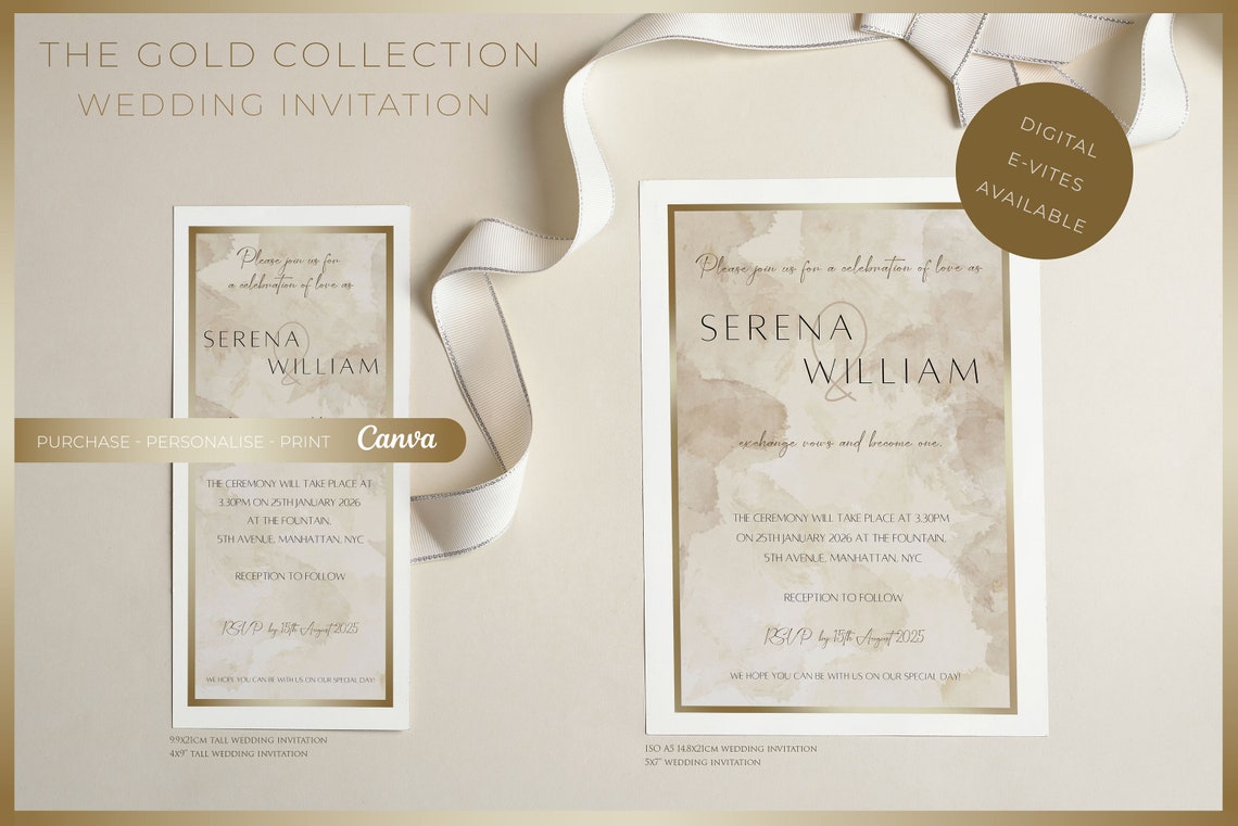 TALL Wedding Invitation Template 4x9, Stylish, Elegant Gold Luxury ...