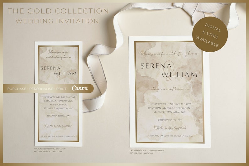 TALL Wedding Invitation Template 4x9, Stylish, Elegant Gold Luxury ...