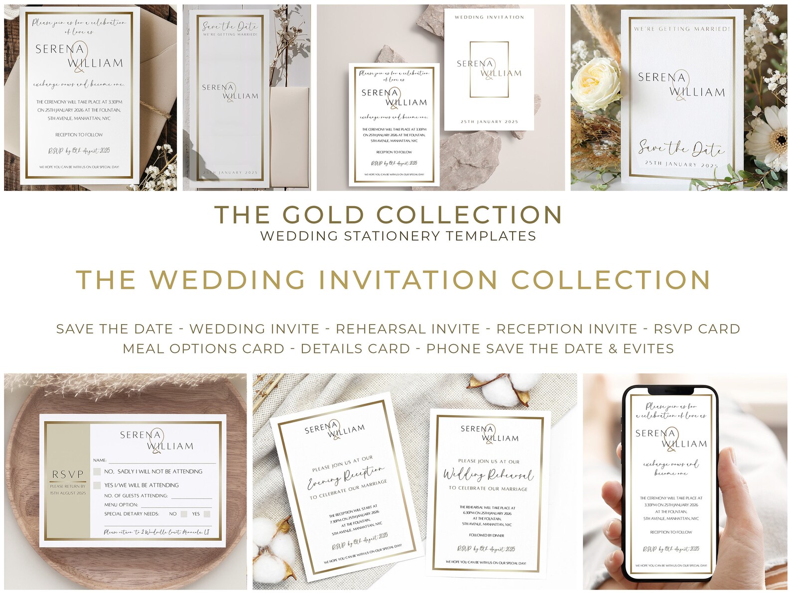 TALL Wedding Invitation Template 4x9", Stylish, Elegant Gold Luxury ...