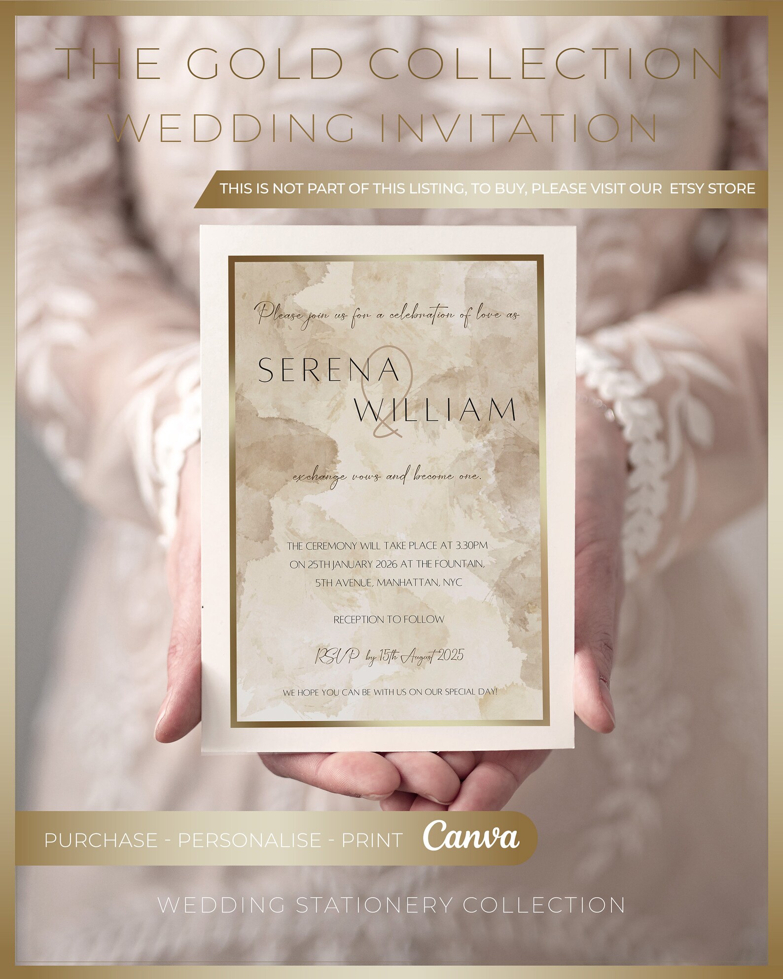 TALL Wedding Invitation Template 4x9, Stylish, Elegant Gold Luxury ...