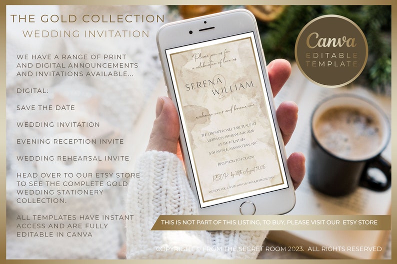 TALL Wedding Invitation Template 4x9, Stylish, Elegant Gold Luxury ...