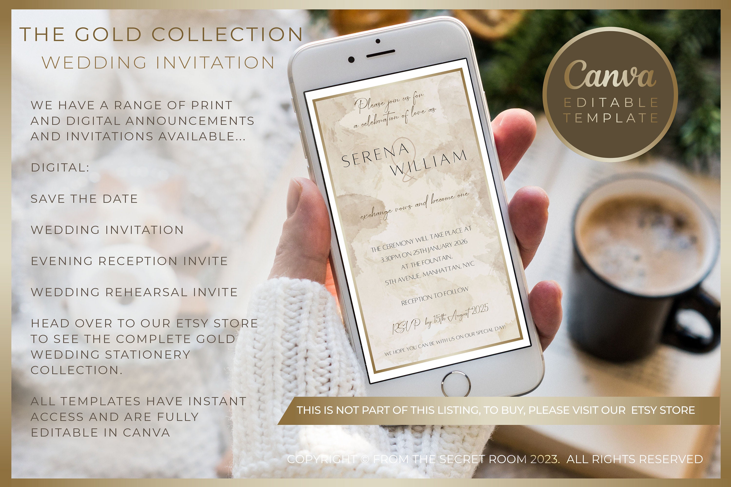 TALL Wedding Invitation Template 4x9, Stylish, Elegant Gold Luxury ...