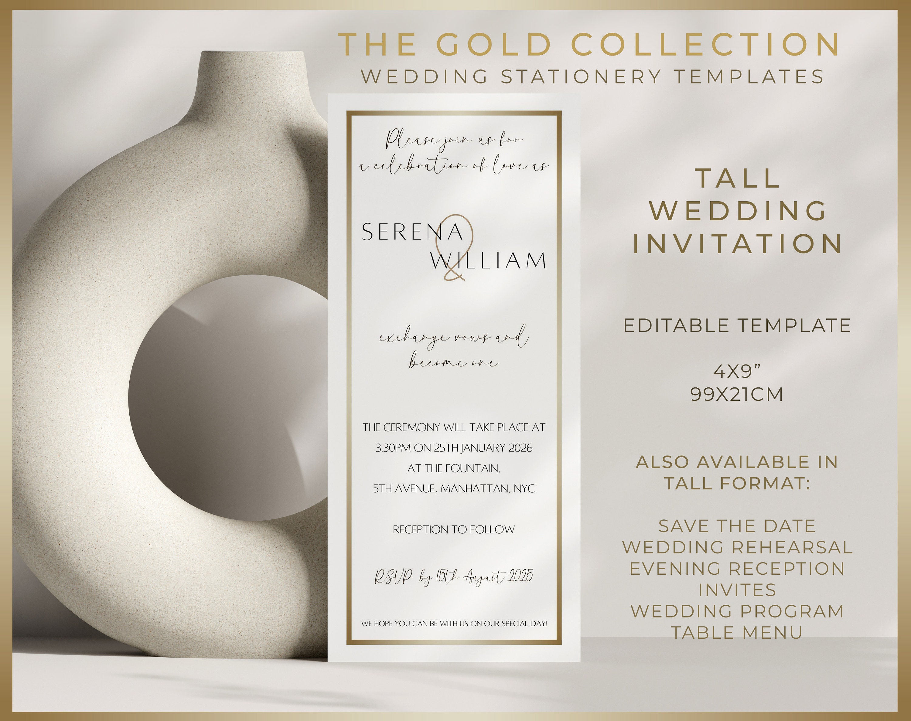 TALL Wedding Invitation Template 4x9", Stylish, Elegant Gold Luxury ...