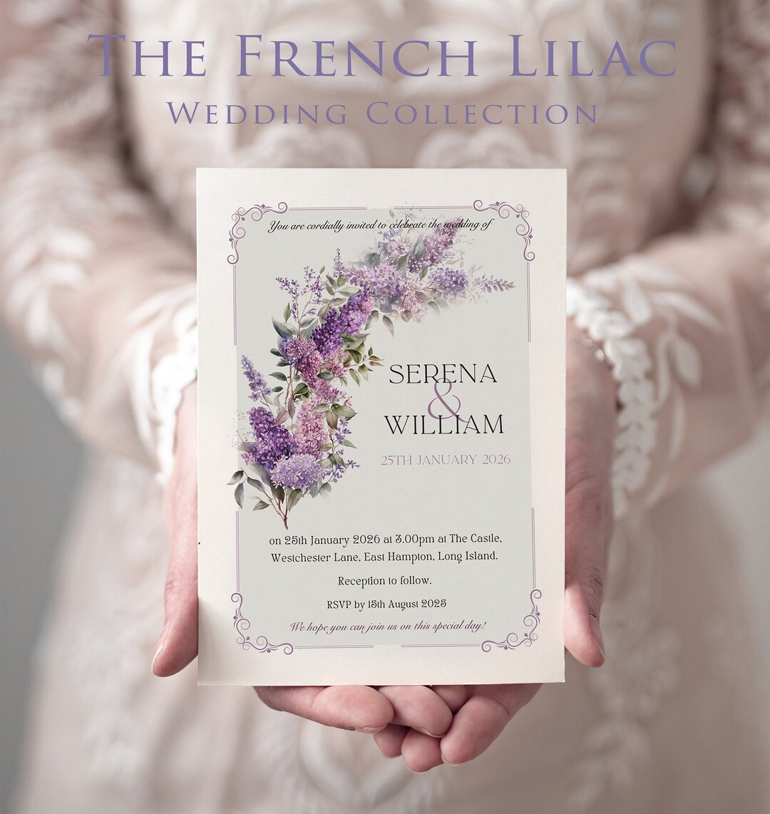 Lilac Wedding Invitation Template, Vintage Wedding Invite, Editable ...