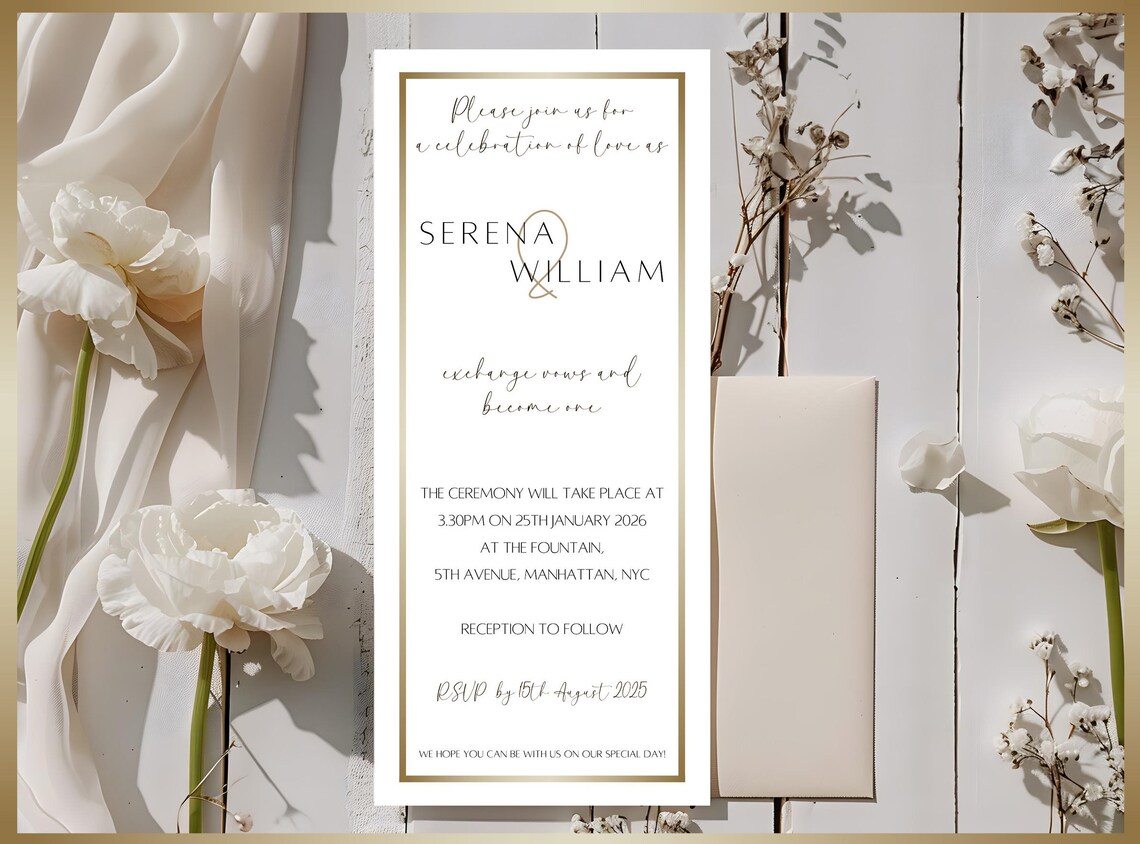TALL Wedding Invitation Template 4x9", Stylish, Elegant Gold Luxury ...