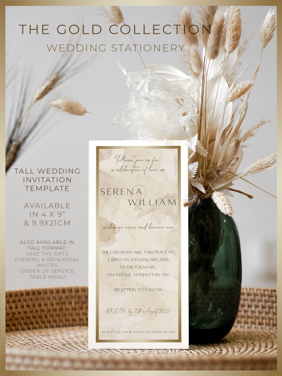 TALL Wedding Invitation Template 4x9 Stylish Elegant - Etsy