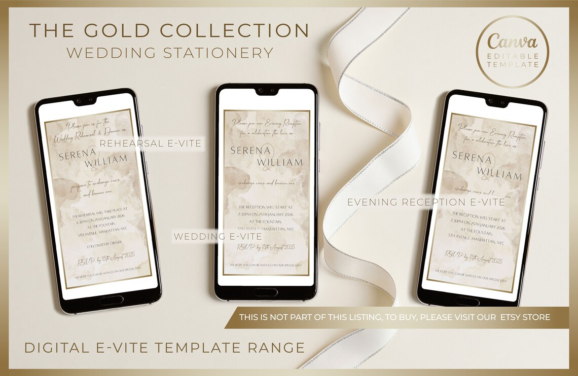TALL Wedding Invitation Template 4x9, Stylish, Elegant Gold Luxury ...
