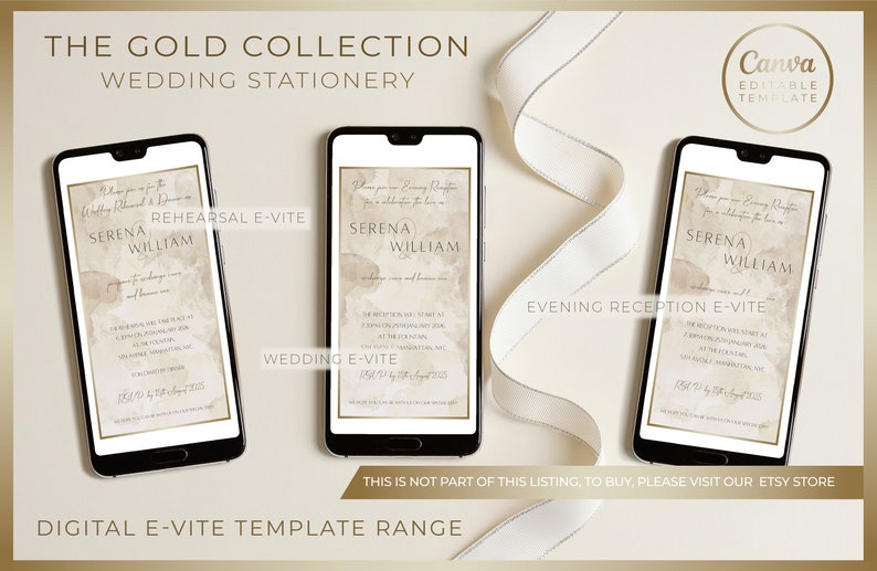 TALL Wedding Invitation Template 4x9, Stylish, Elegant Gold Luxury ...