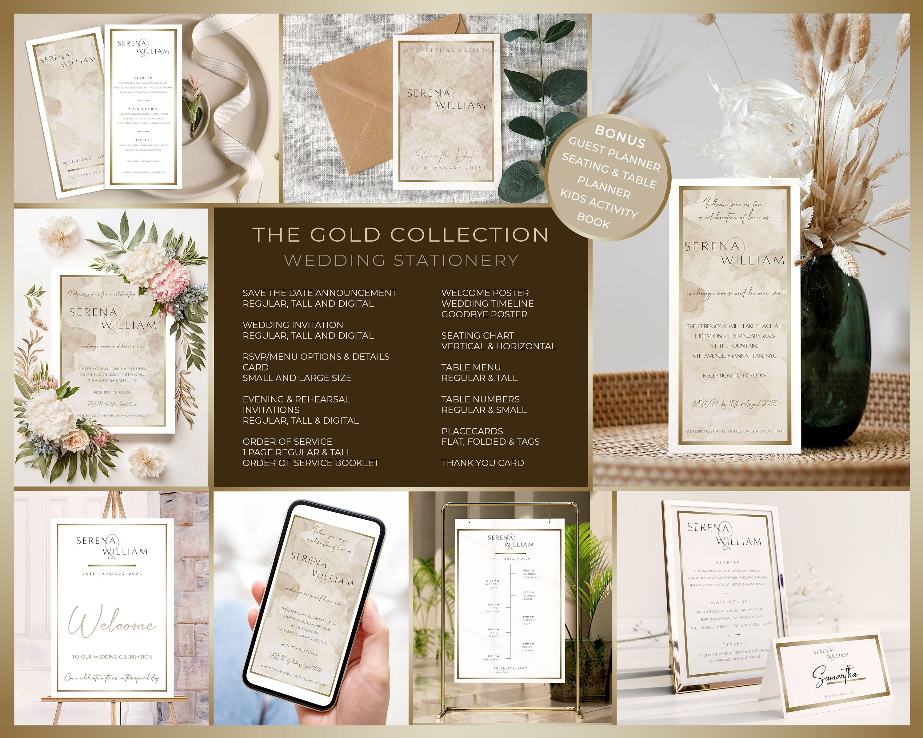TALL Wedding Invitation Template 4x9, Stylish, Elegant Gold Luxury ...