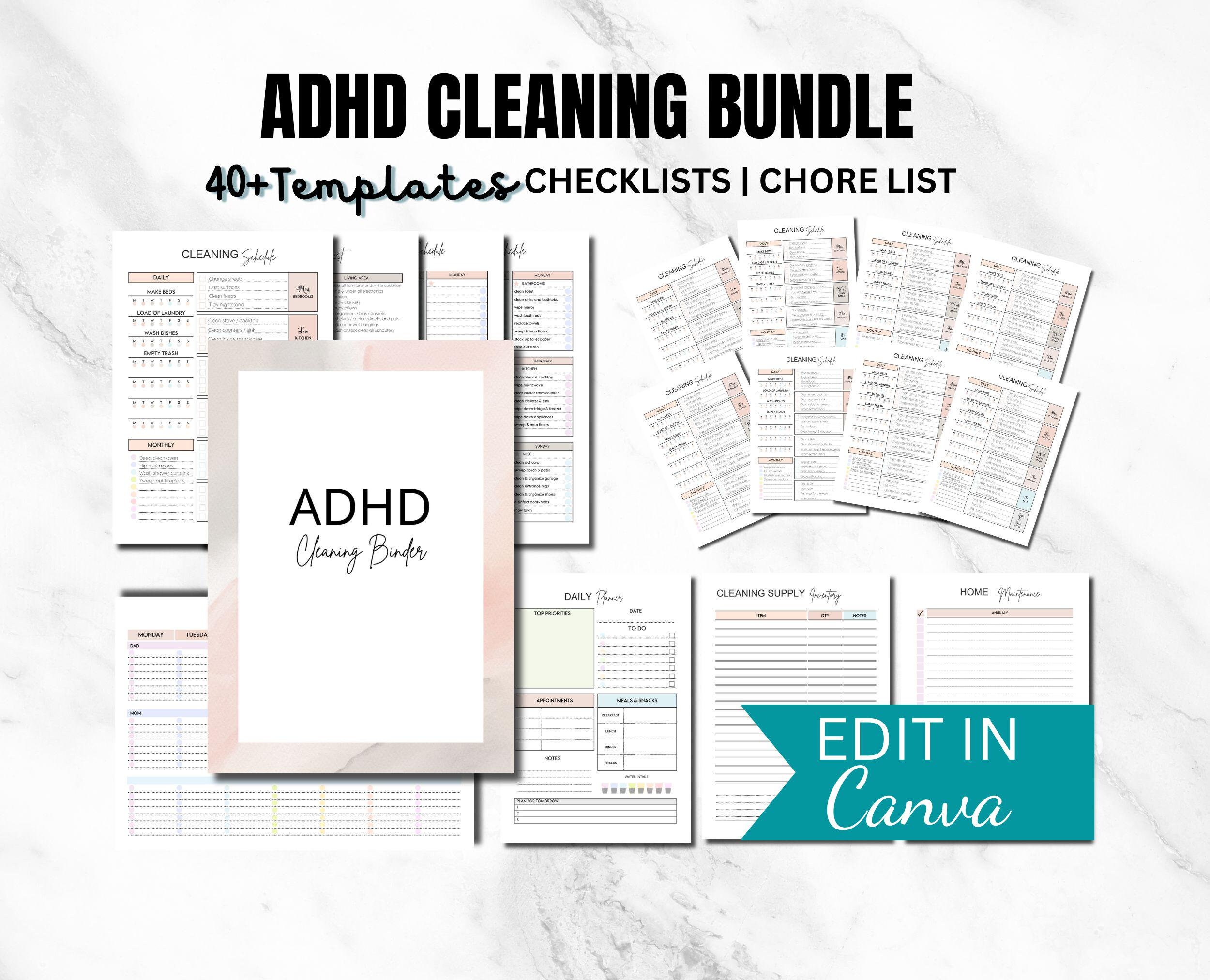 Editable ADHD Cleaning Checklist Bundle, ADHD Cleaning Planner, ADHD ...