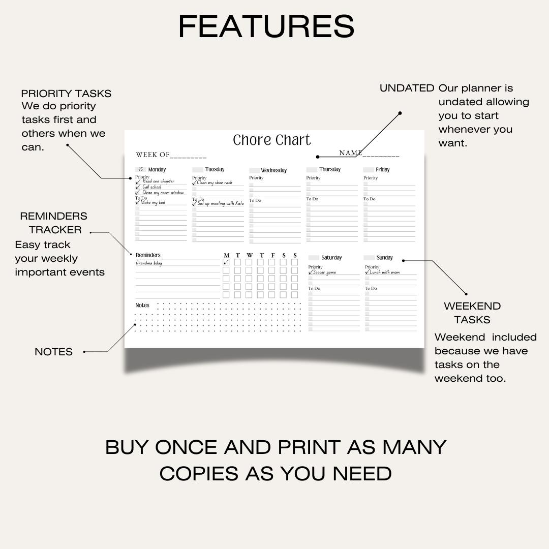 Chore Chart Printable, Family Chore Chart, Downloadable Chore, Chore ...