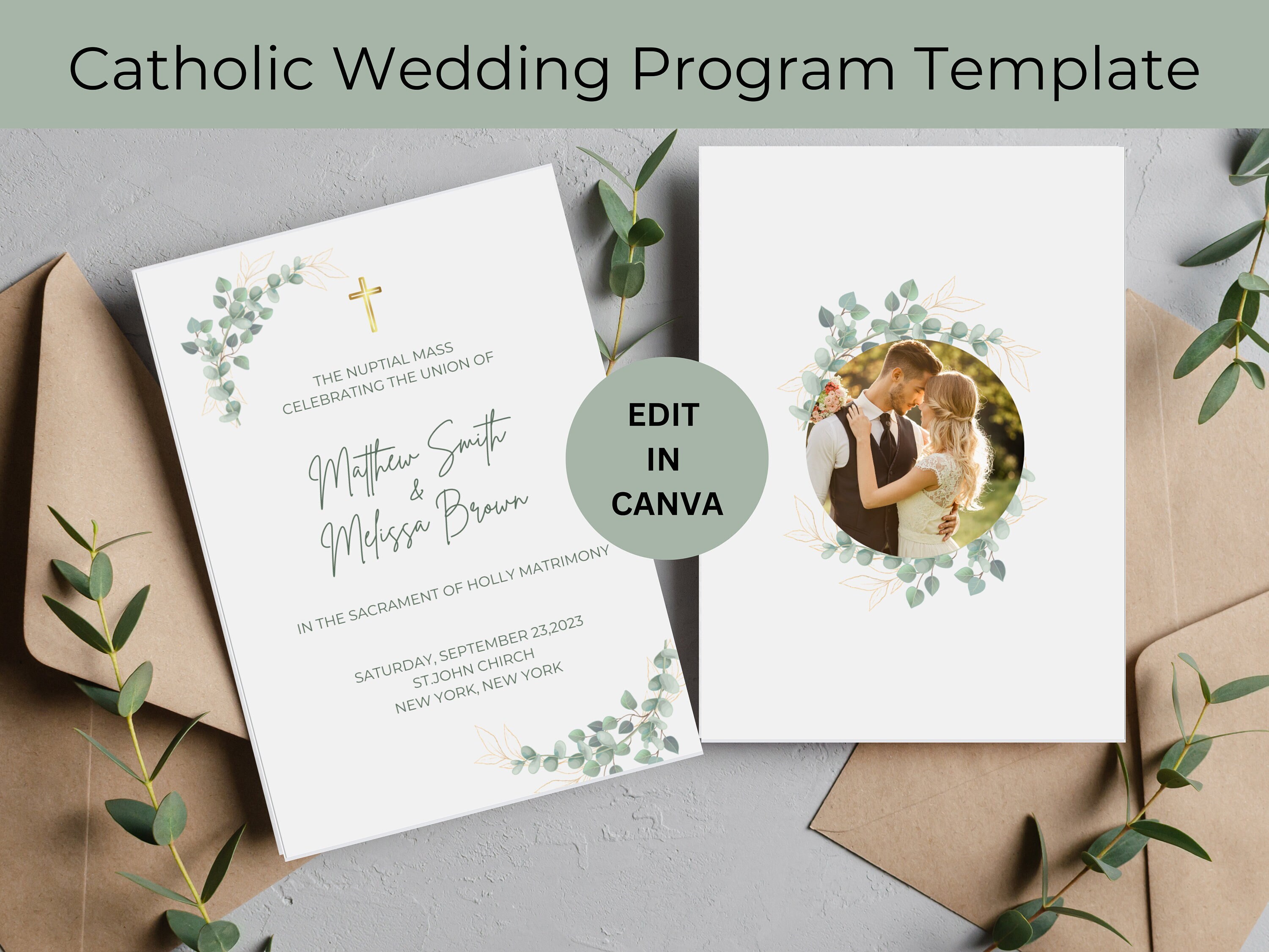 Catholic Wedding Program Template, Editable Greenery Invite, Catholic ...