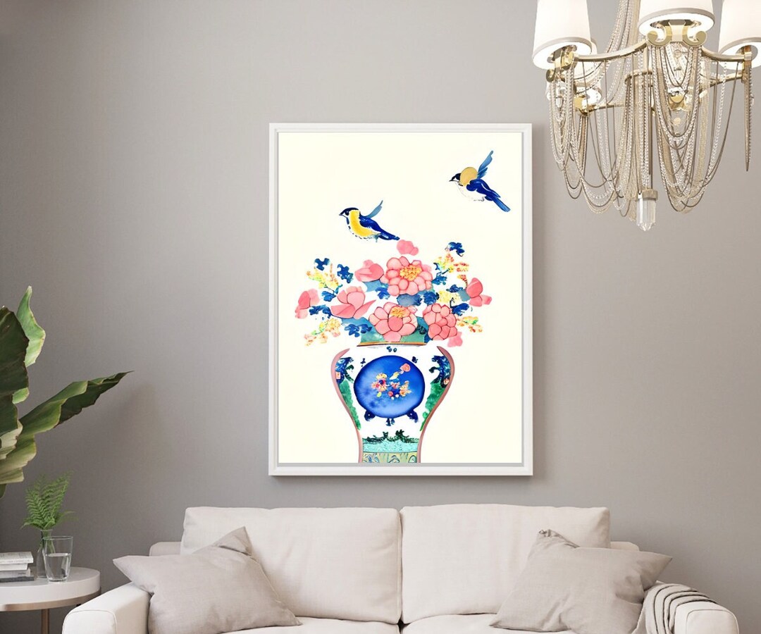 Digital Wall Art, Modern Chinoiserie Birds & Blossoms Floral Still Life ...