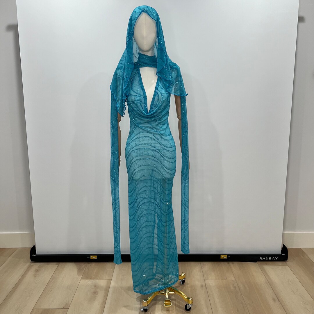 Handmade Luna Mer With Waves Print Stretch With Glitter Maxi Dress Y2K ...