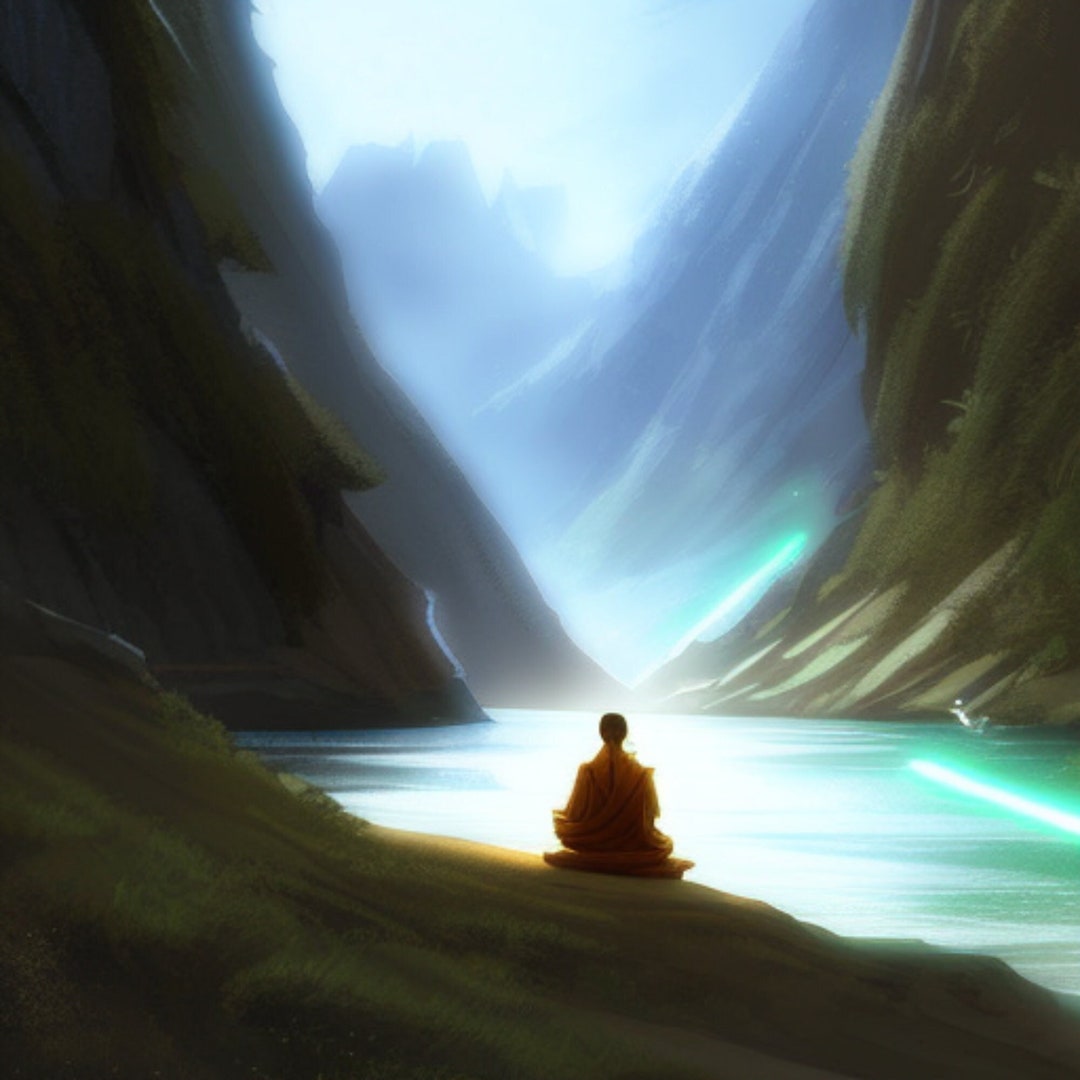 Monk Meditating | Serene Mountain Lake, Beautiful, Stylistic Artwork ...