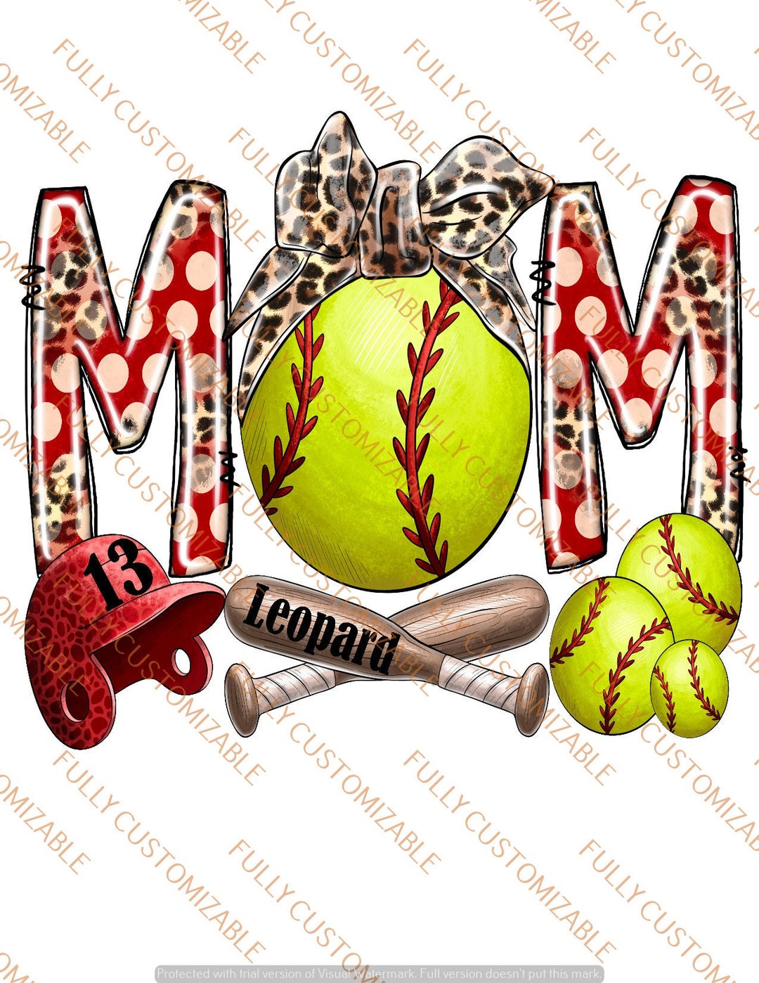Softball Mom Custom Name and Number PNG FILE ONLY Leopard Red Cute ...