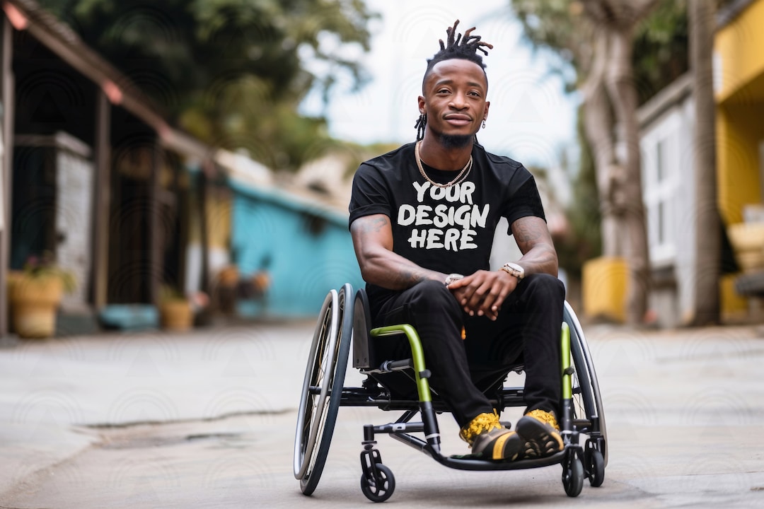 Disabled Male Model Black T-shirt Mockup Wheelchair Mockup Male Model ...