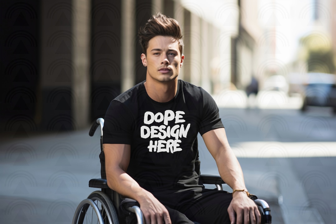 Alternative Male Model Black Shirt Mock up Wheelchair Model Black Shirt ...