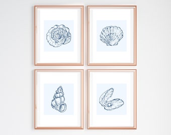 Blue Seashells Prints Set of 4. Coastal Printable Wall Art. - Etsy