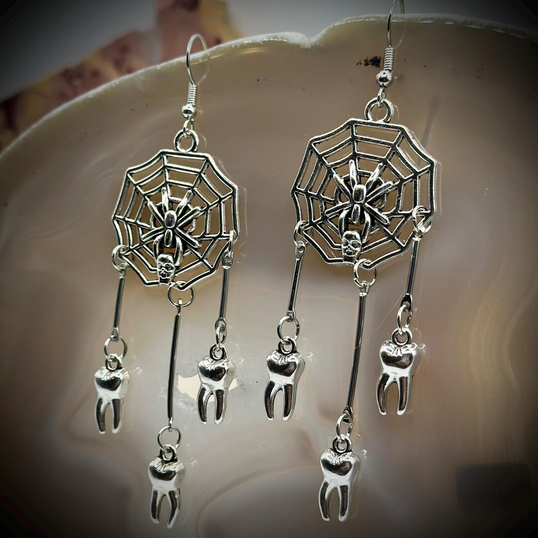 Toothless~ Spider Web Dangle Earrings With Teeth Hanging From a Thread ...