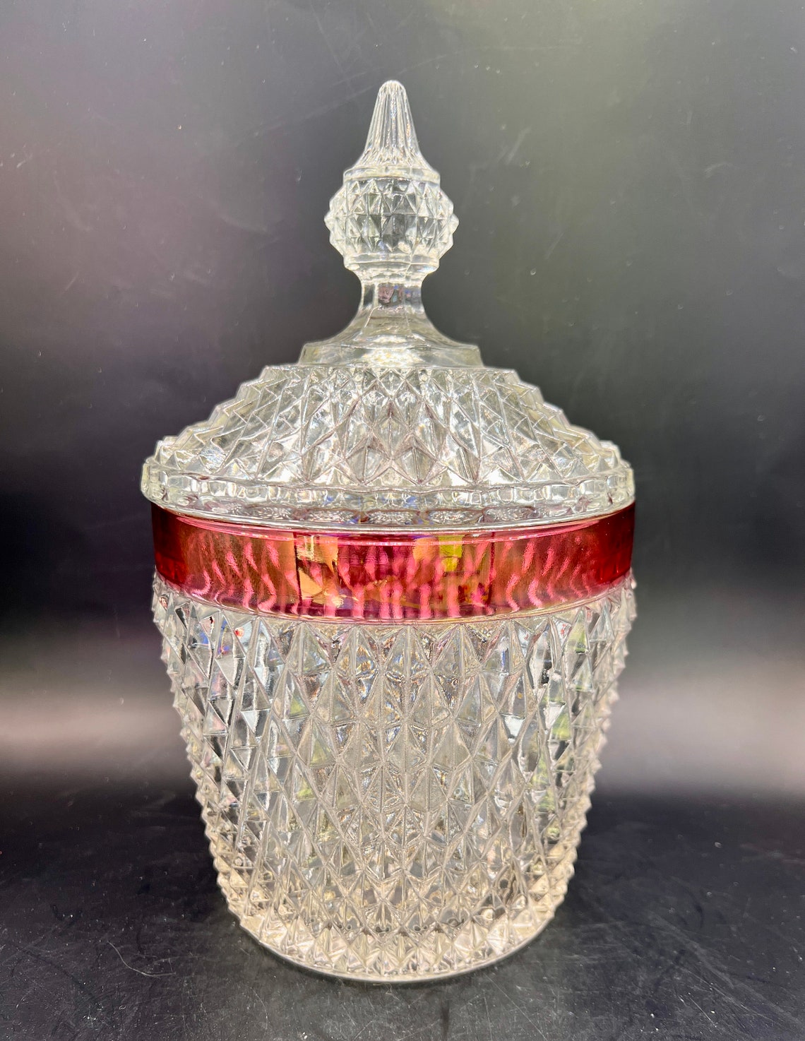 Vintage Indiana Glass Diamond Point Ruby Flash Ice Bucket Cookie Jar ...