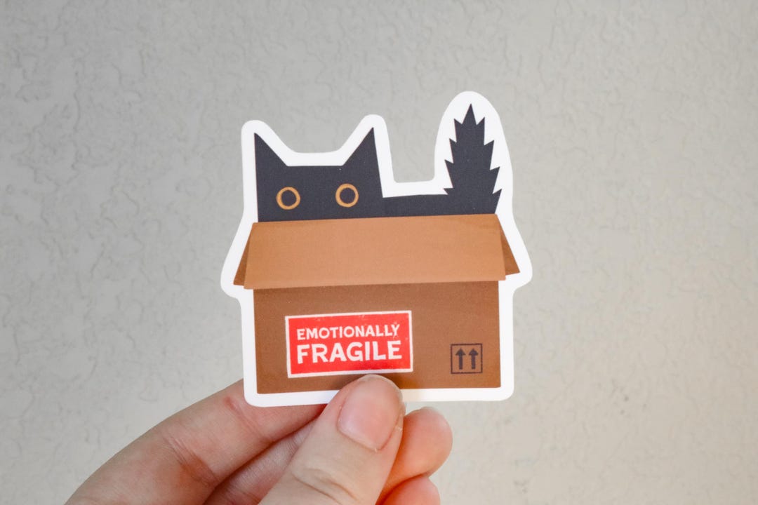 Emotionally Fragile Cat in Box Sticker - Funny Matte Vinyl Laptop Decal ...
