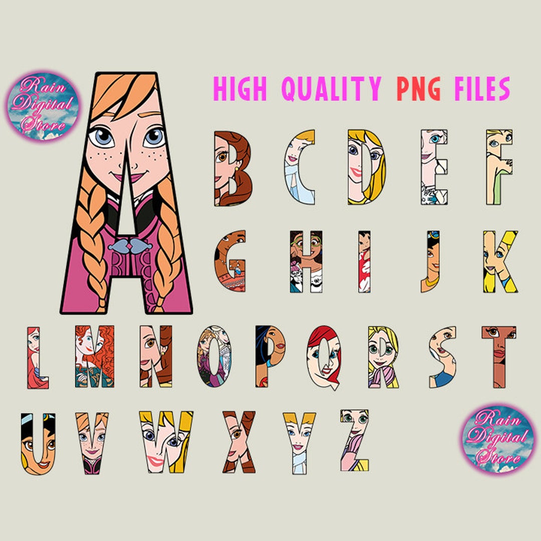 Disneyy Princesses Alphabet Font PNG Bundle, Princesses Alphabet Font ...