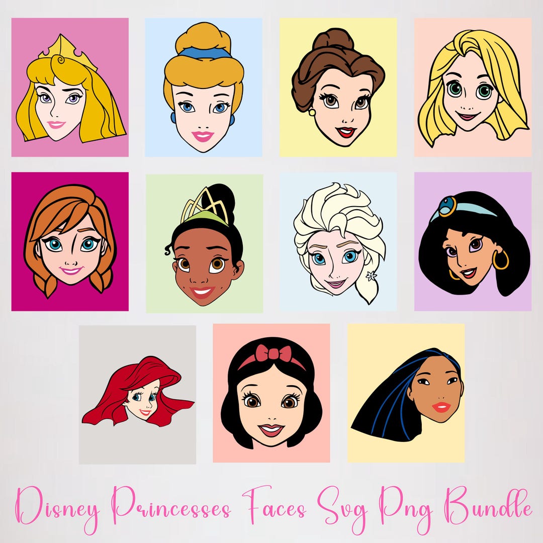 Princesses Head Bundle Svg Png, Colored Princess Face Svg, Princess ...
