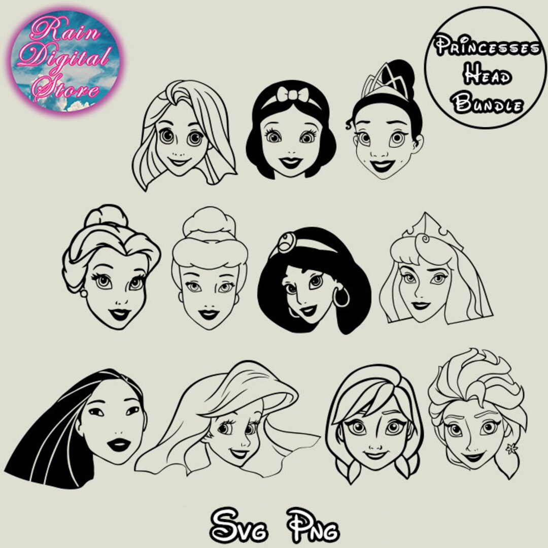 Princesses Head Bundle Svg Png Cricut, Princesses Face Line Svg ...