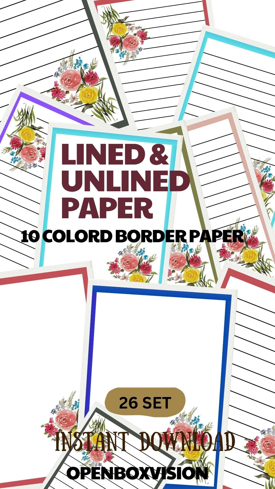 Printable Colored Border Stationery Set, 32 Writing Papers, Digital ...