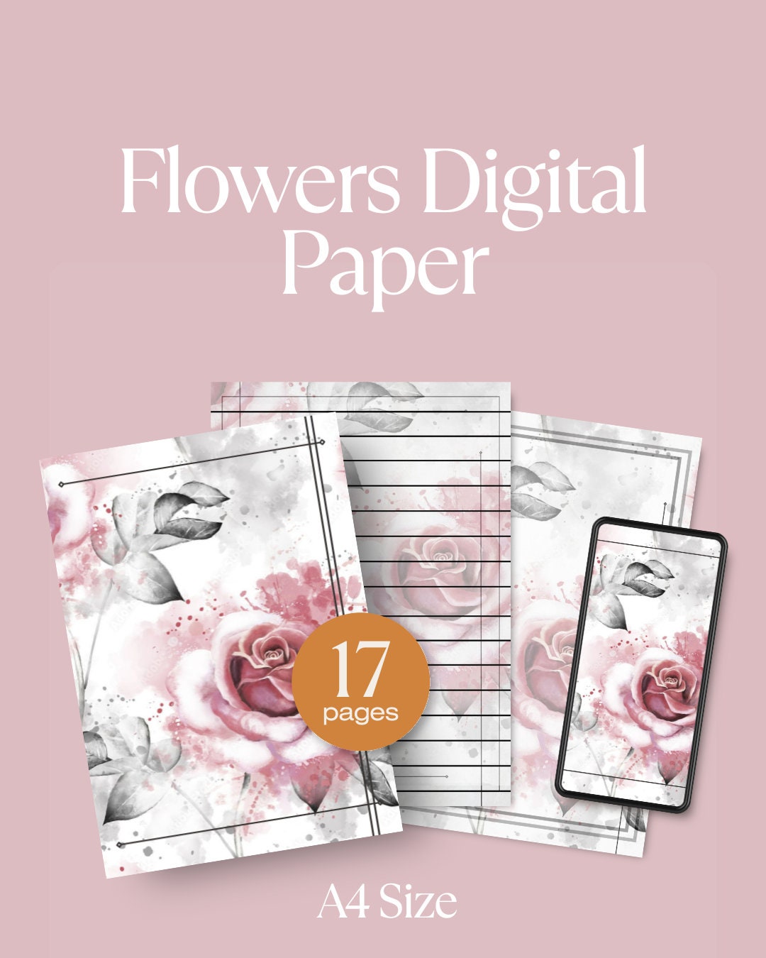 Flowers Digital Paper, Printable Paper Set, Digital Writing Paper Set 3 ...