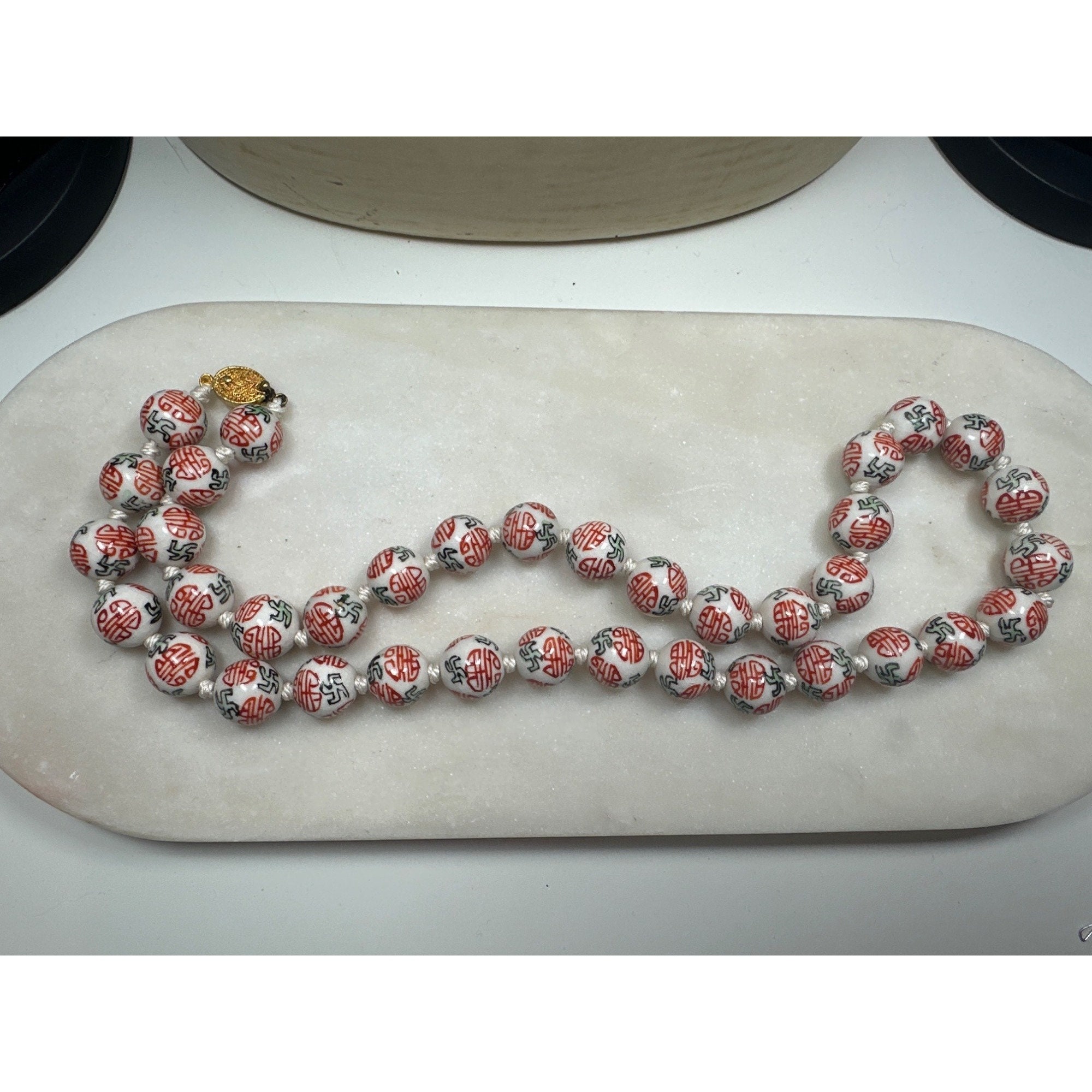 Vintage Ceramic Bead With Manji Symbol Necklace - Etsy