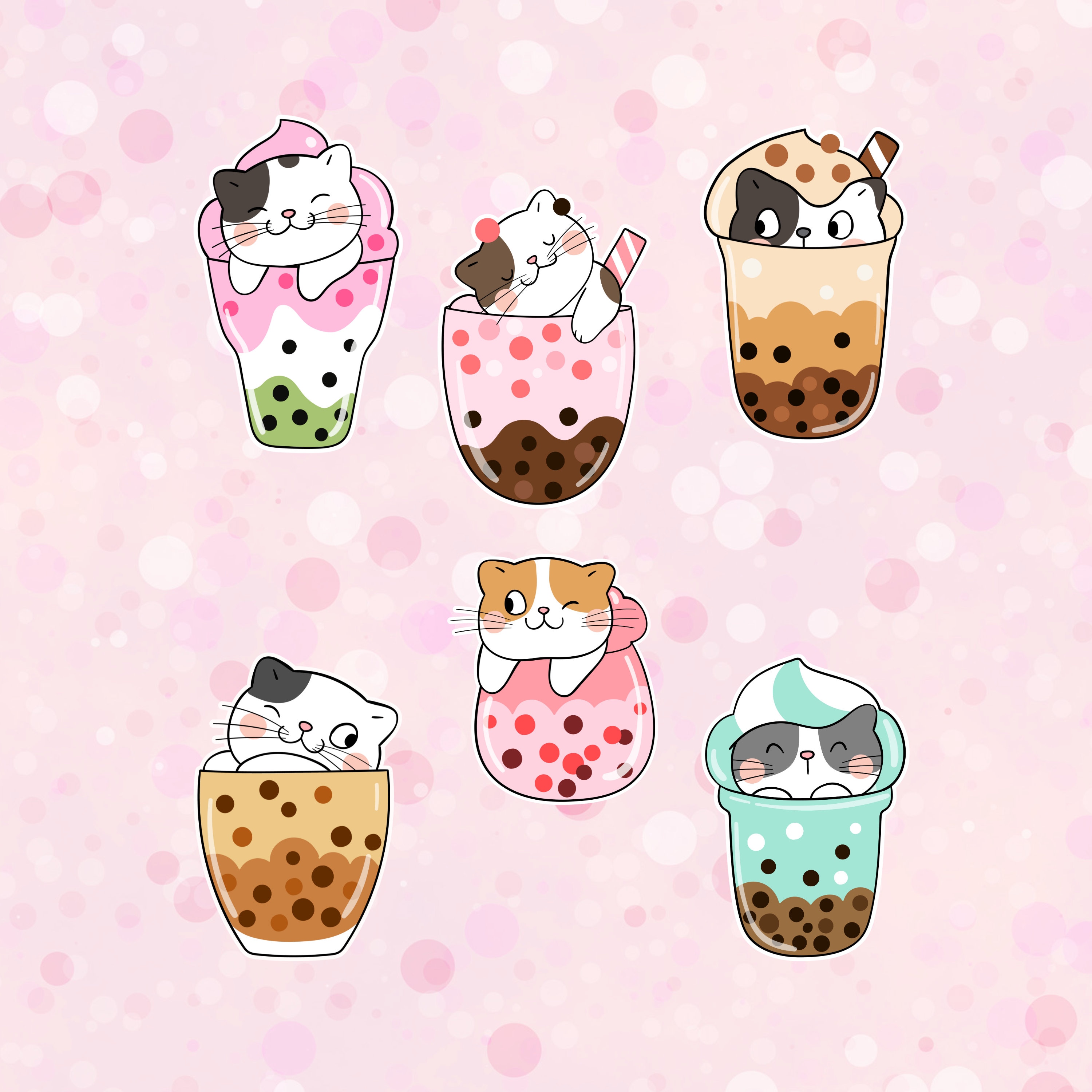 Set of 6 Cute Bubble Tea Cats Stickers | Kawaii | Waterproof, Vinyl - Etsy