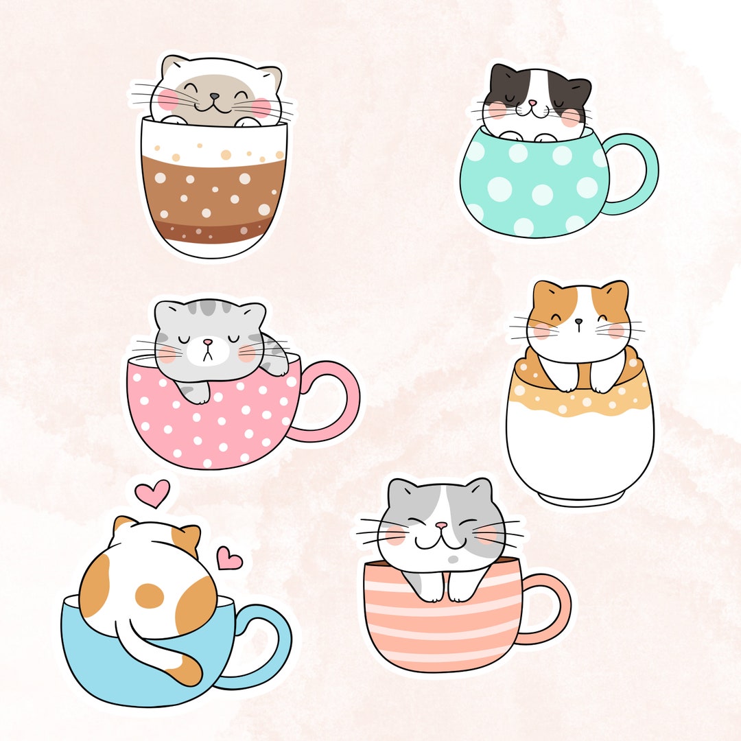 Set of 6 Adorable Colorful Coffee Cat Stickers | Kawaii | Waterproof ...