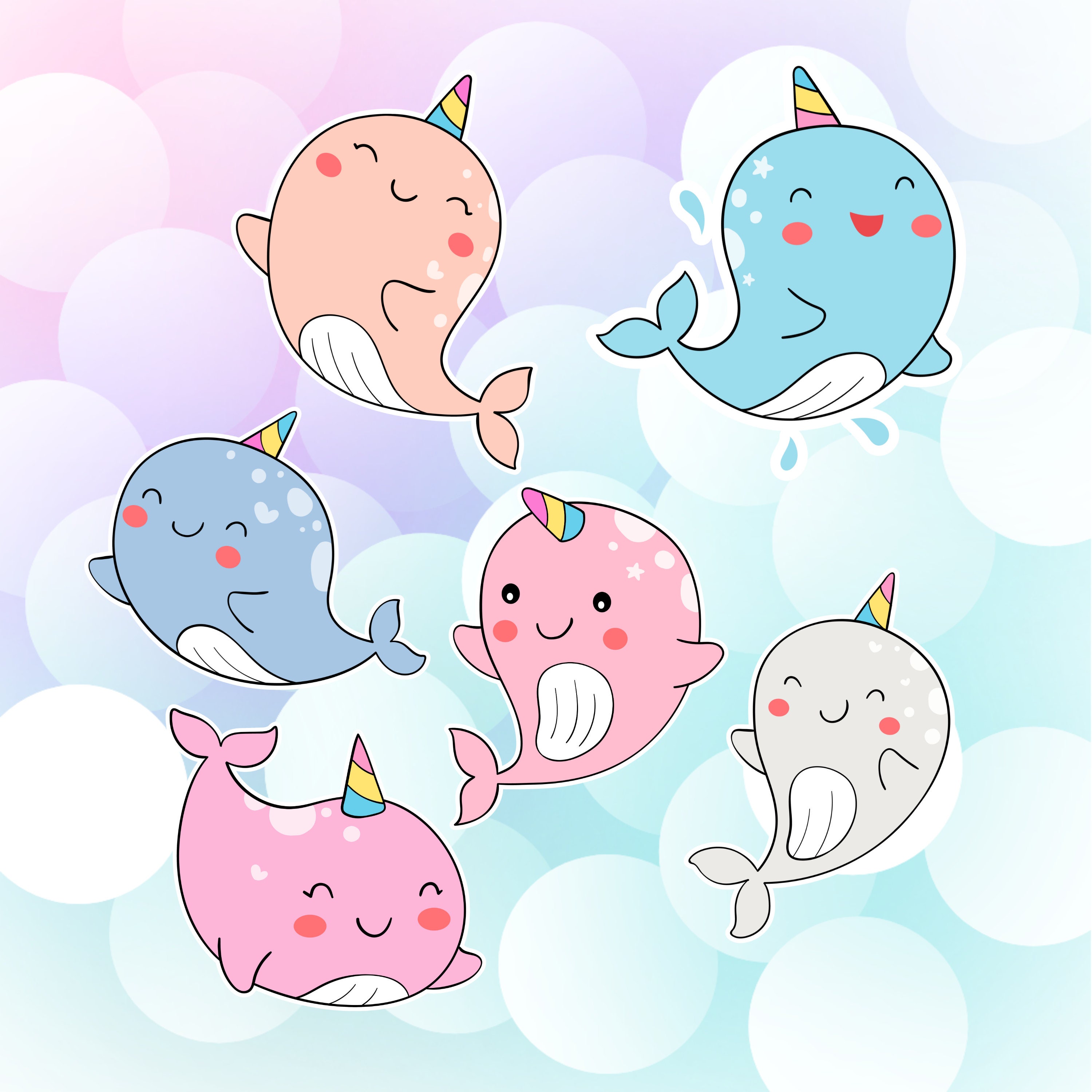 Set of 6 Adorable Playful Narwhal Stickers | Kawaii | Waterproof, Vinyl ...