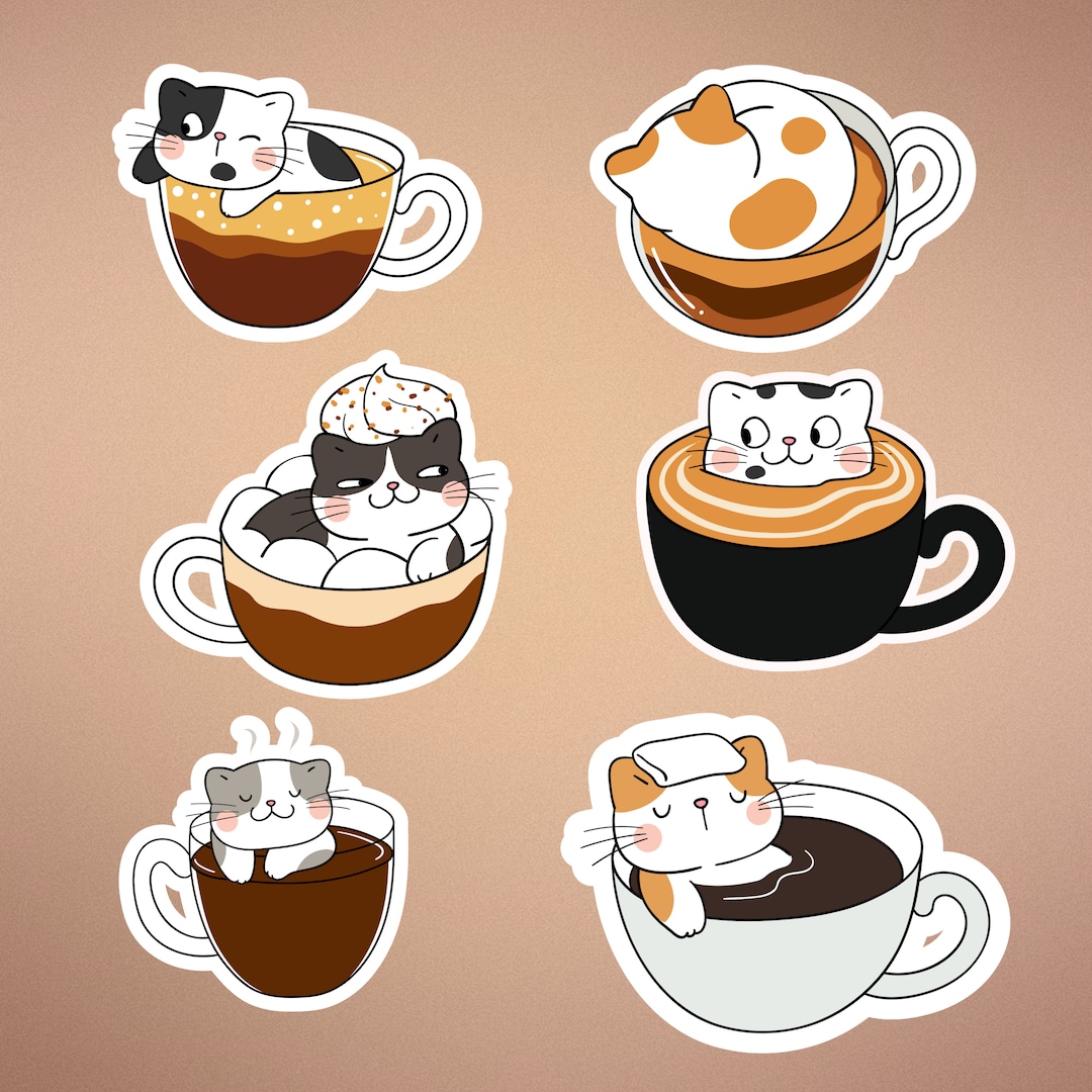 Set of 6 Cute Coffee Cat Stickers | Kawaii | Waterproof, Vinyl - Etsy