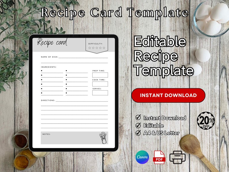 Recipe Card Template, Editable, Recipe Template, Recipe Cards Printable ...