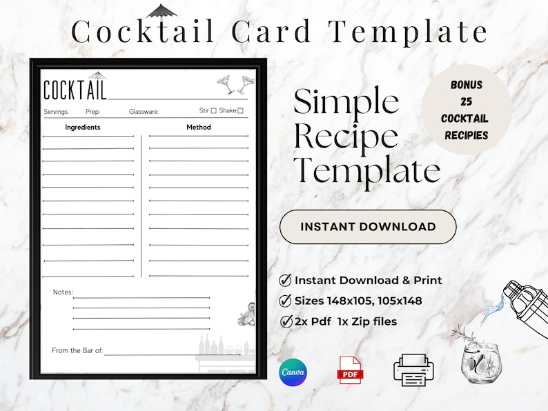 Cocktail Recipe Card Template, Personalized Recipe Card, Bar Drink ...