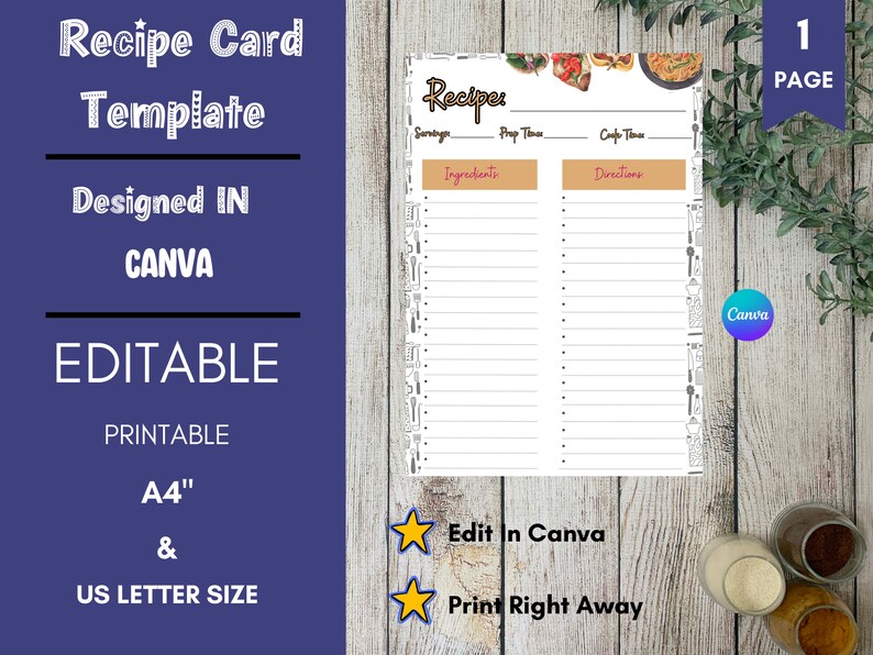 EDITABLE Recipe Card Template, Recipe Template,printable, A4, US Letter ...